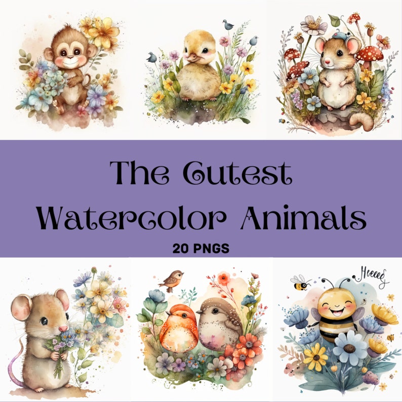 20-pack Cute Watercolor Animal Pngs - Etsy