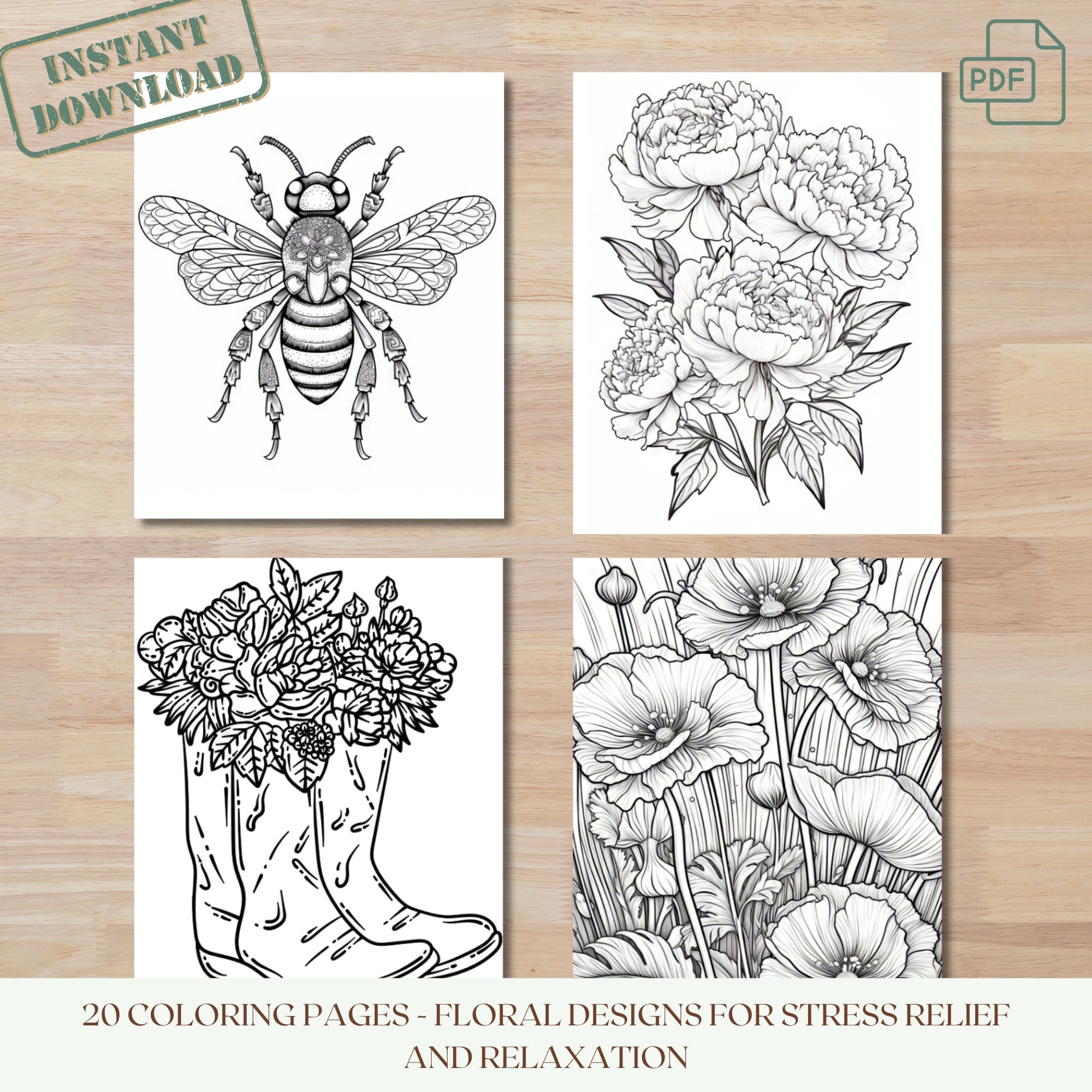 Relaxing Garden Mindfulness Coloring Pages | 20 Pages for Stress Relief ...