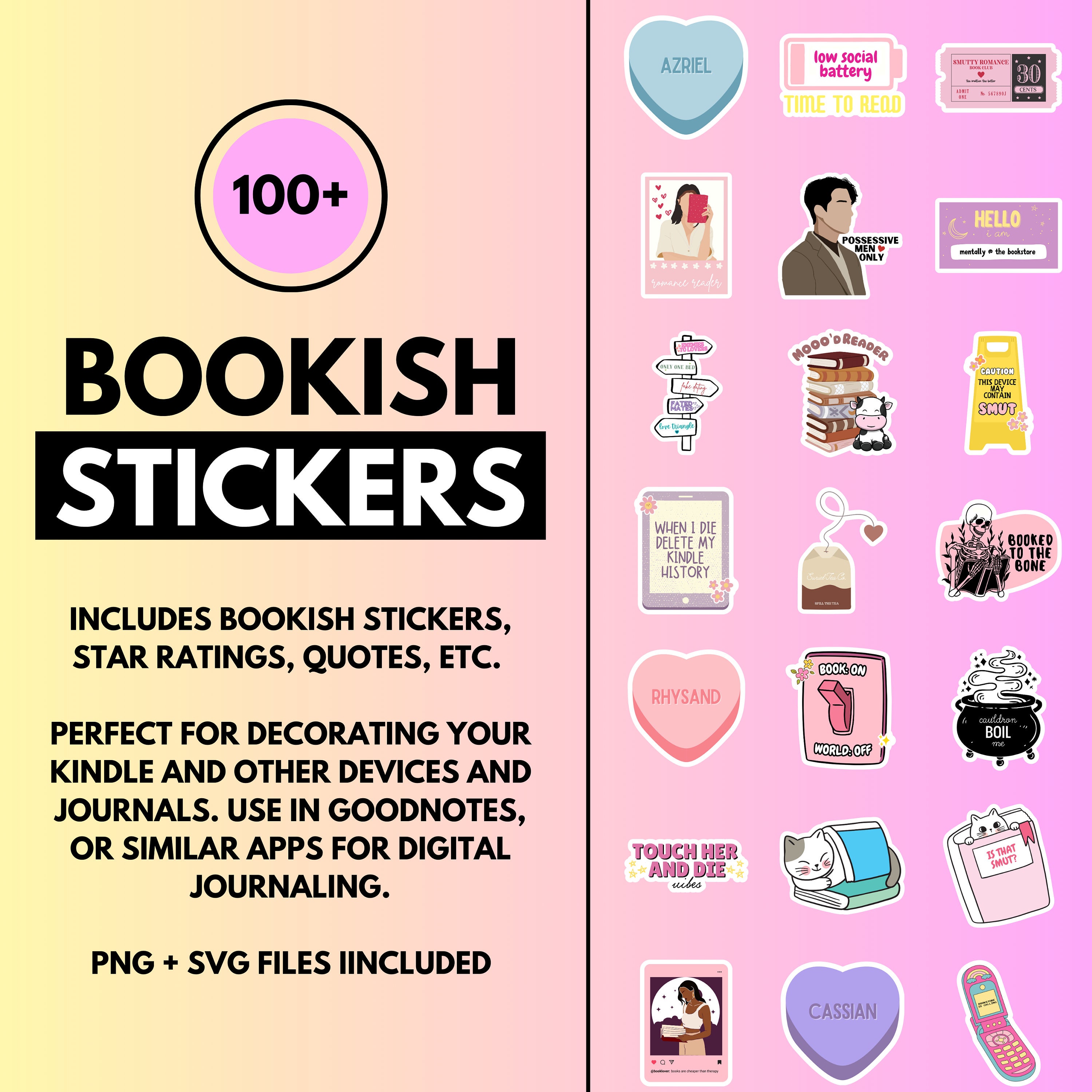 Book Lover Stickers Printable Book Doodles Bookish Digital Stickers ...