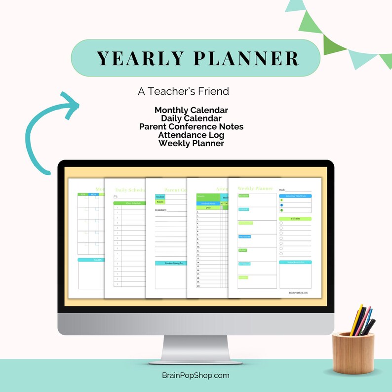Teacher Yearly Planner: Grade Tracker, Calendar, Lesson Prep (PDF) - Etsy
