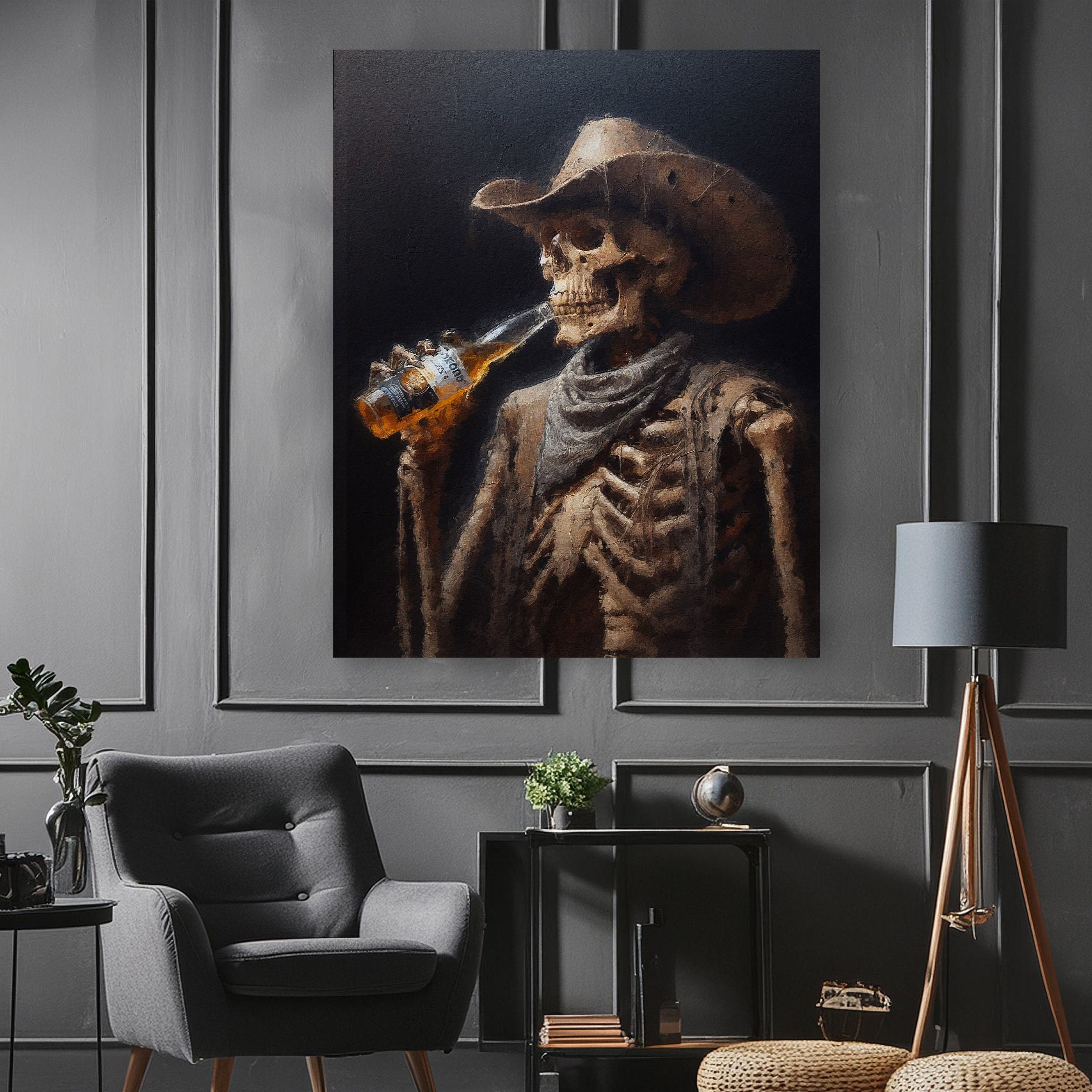 Cowboy Skeleton Drinking Modelo Beer Oil Painting Poster - Etsy