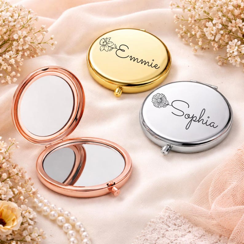 Custom Engraved Compact Mirror With Birth Flower and Name,personalized ...