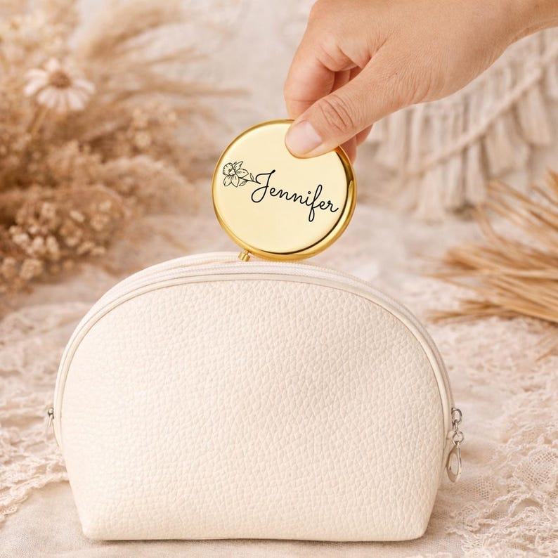 Custom Engraved Compact Mirror With Birth Flower and Name,personalized ...