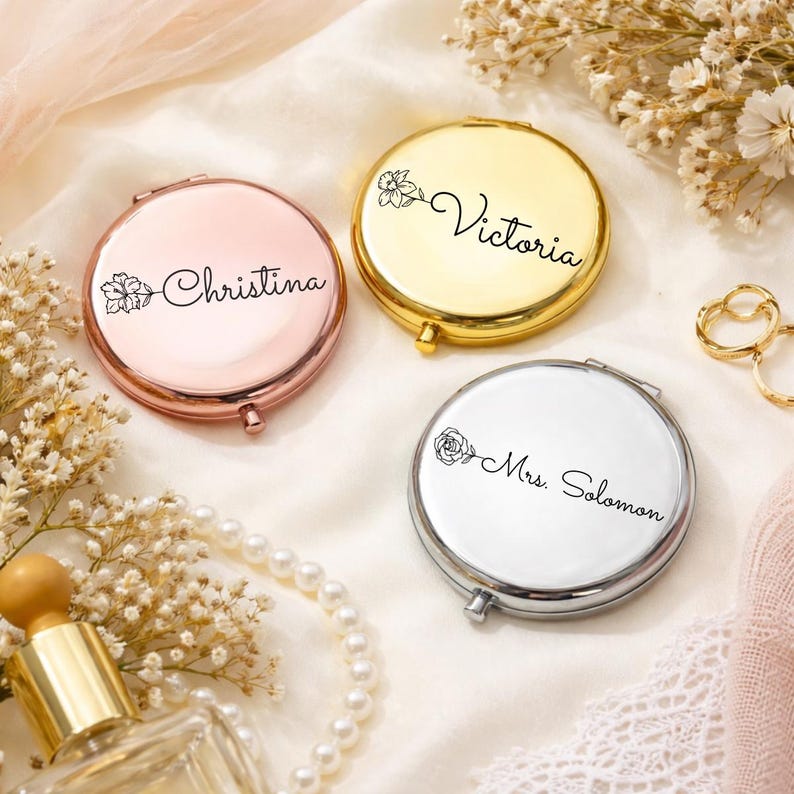 Custom Engraved Compact Mirror With Birth Flower and Name,personalized ...