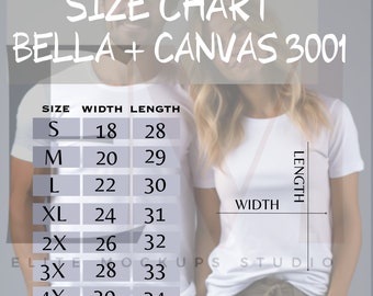 Bella Canvas 3001 Size Chart, Size Guide Mockup, Tshirt Measurements, 3001 Size Chart, Bella ...