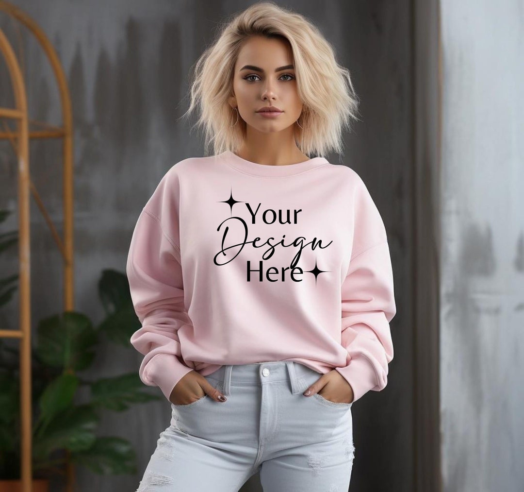Gildan 18000 Pink Sweatshirt Mockup Model Mock Gildan 18000 Pink ...