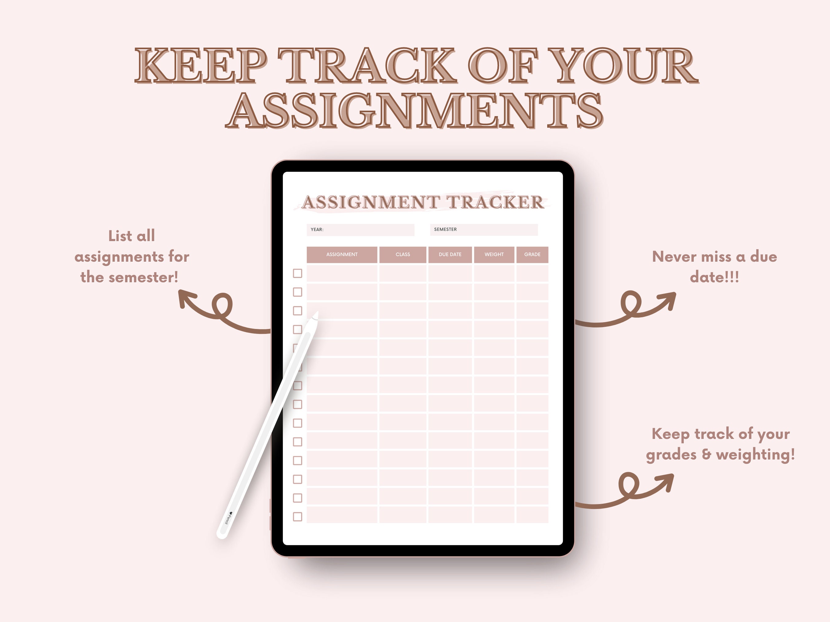 DIGITAL ASSIGNMENT TRACKER | Student Planner, College Agenda, College ...