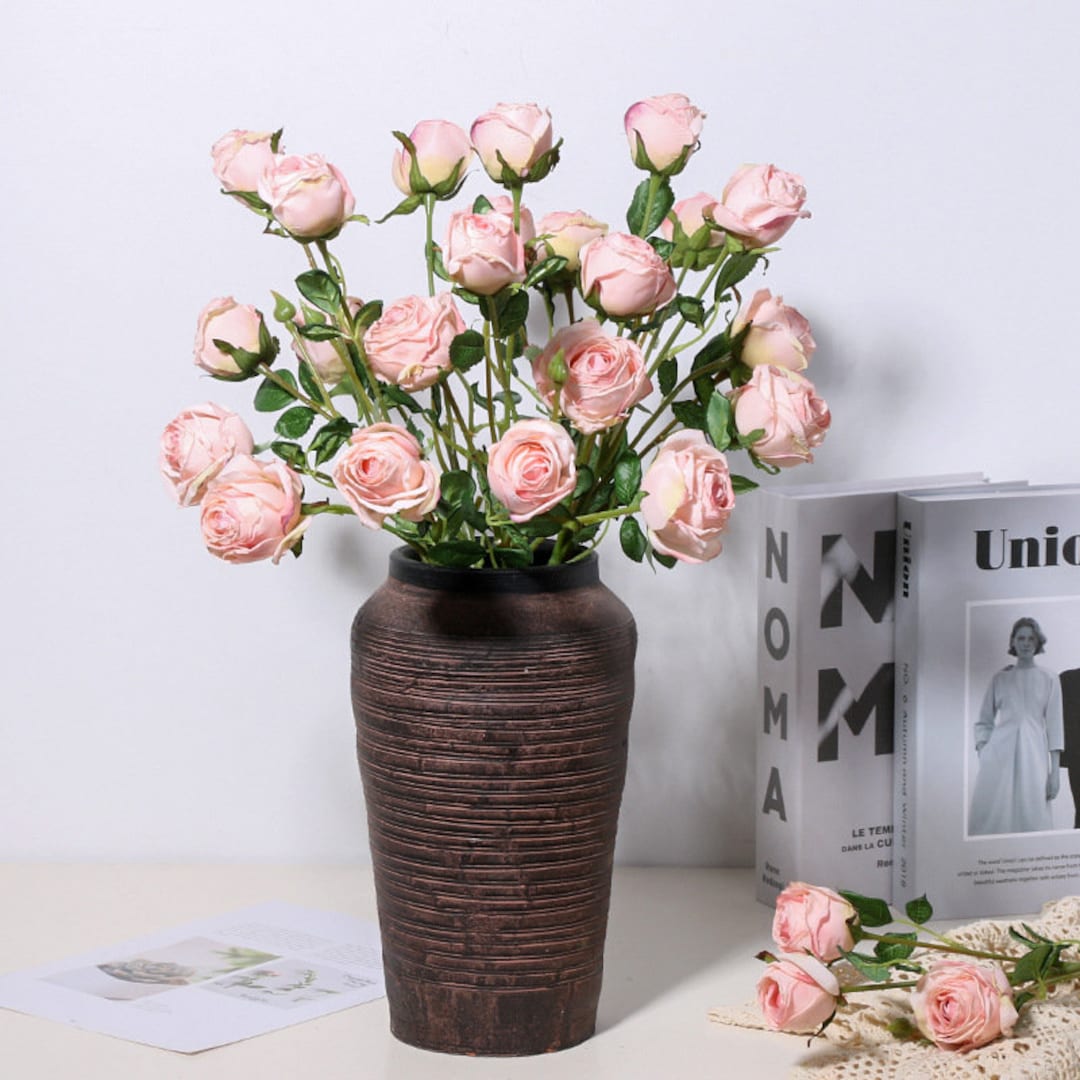 3 Heads Artificial Roses With Stems, Faux Dried Rose Bouquet, Three ...