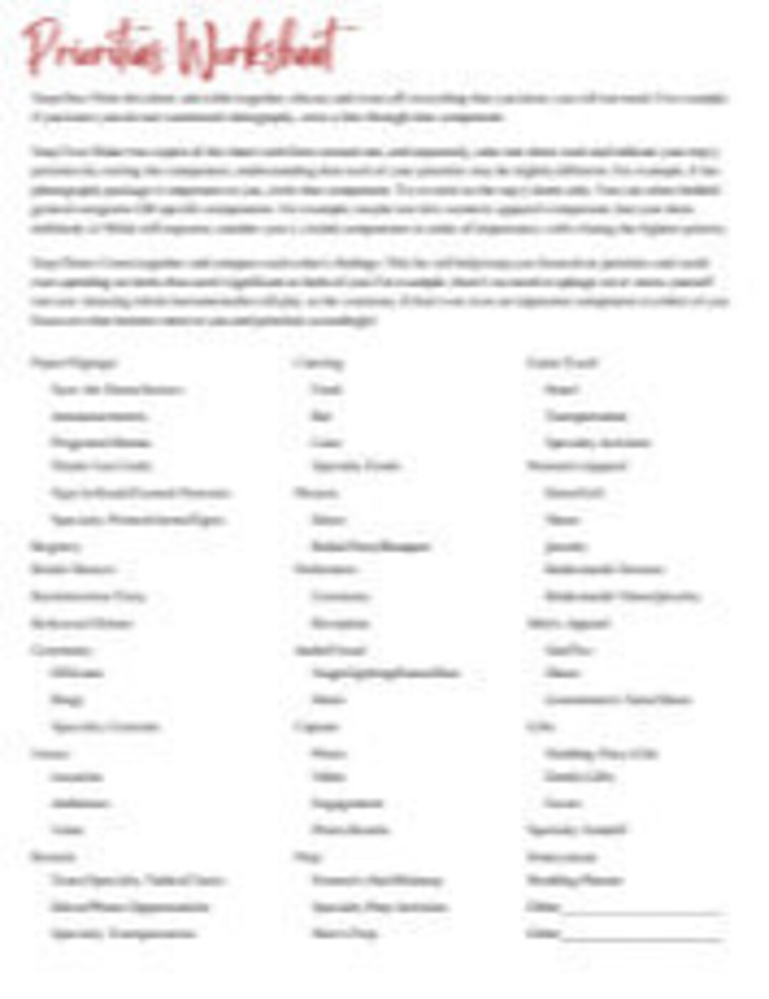 Wedding Priorities Worksheet - Etsy