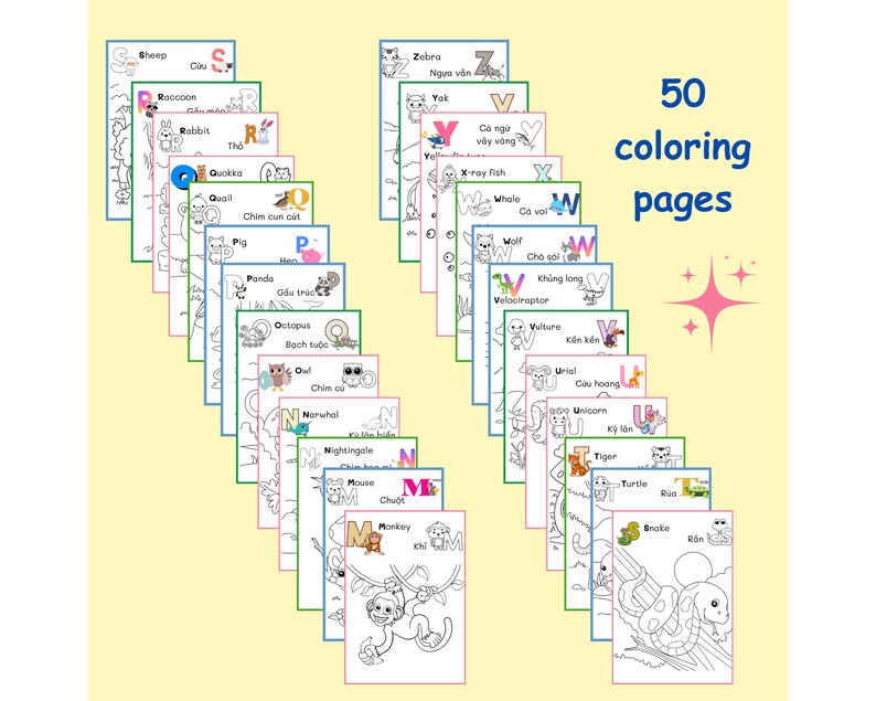 Animals Coloring Pages - Bilingual English and Vietnamese - Etsy