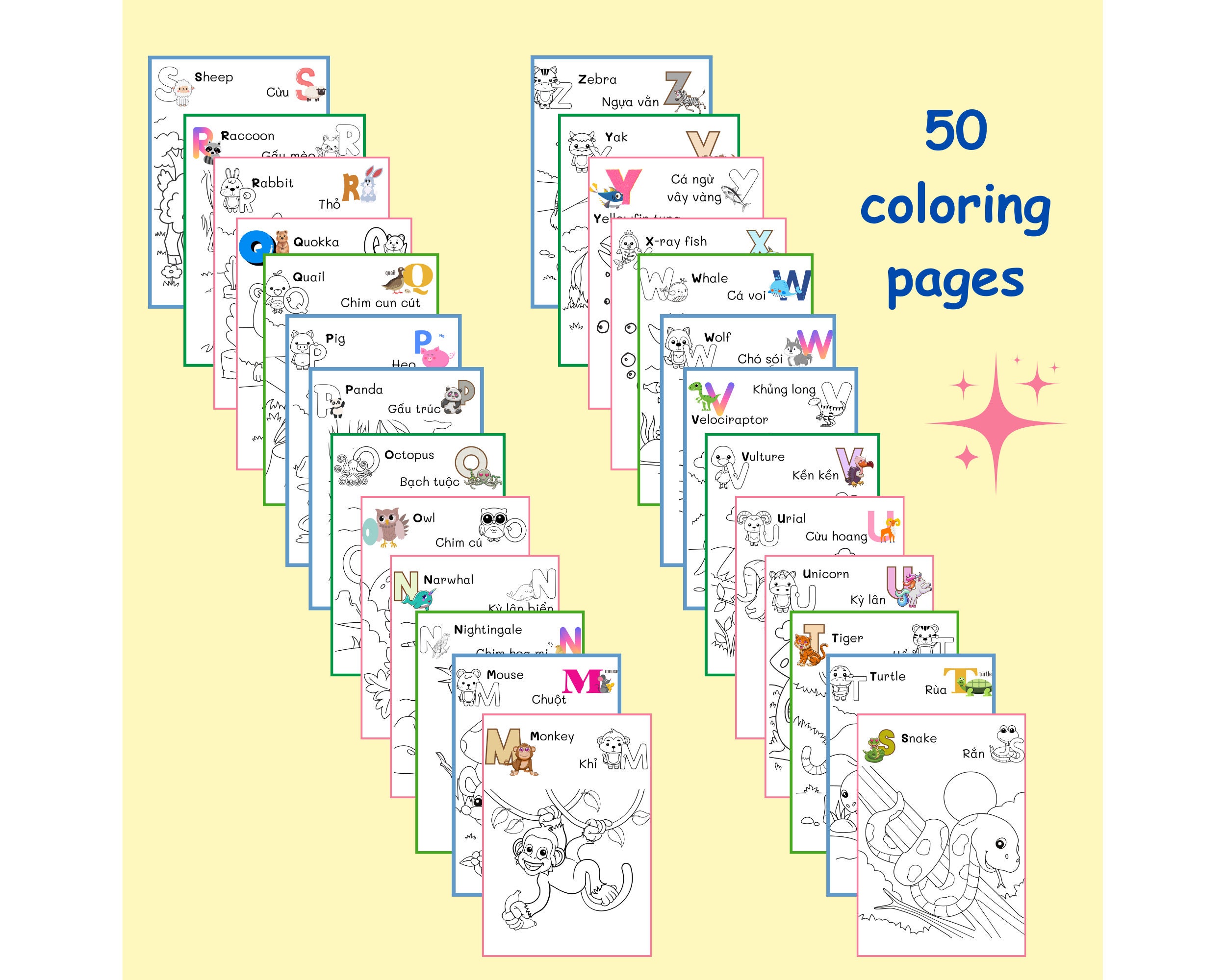 Animals Coloring Pages - Bilingual English and Vietnamese - Etsy