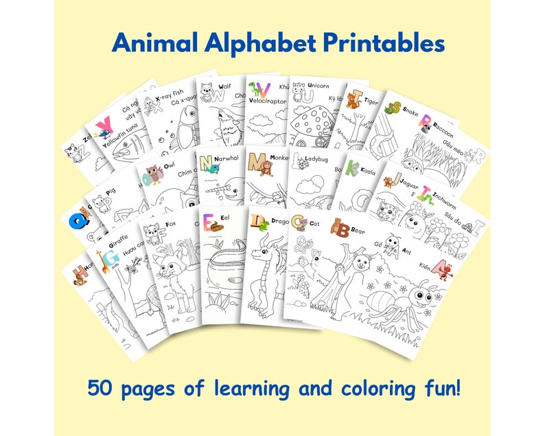 Animals Coloring Pages - Bilingual English and Vietnamese - Etsy