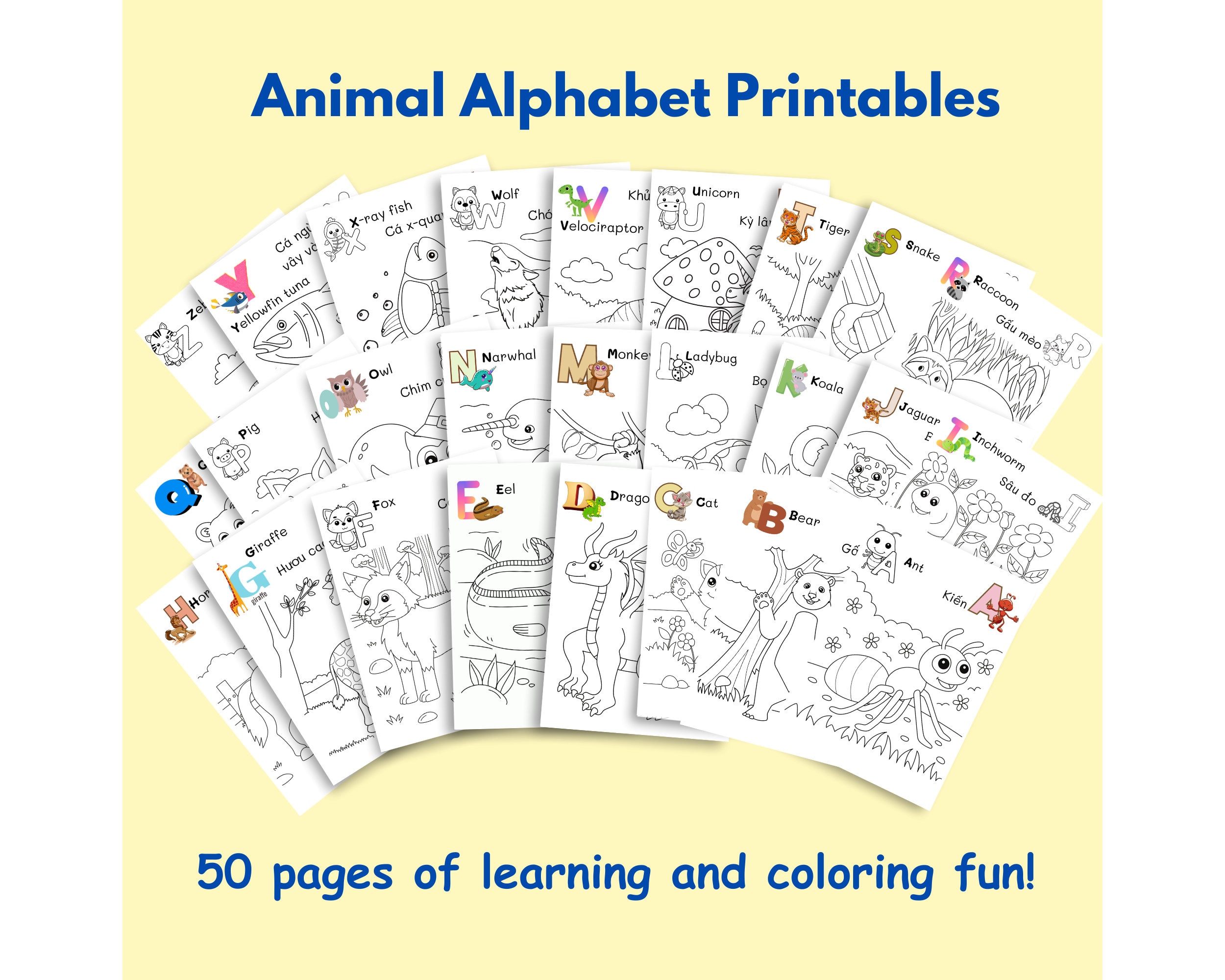 Animals Coloring Pages - Bilingual English and Vietnamese - Etsy