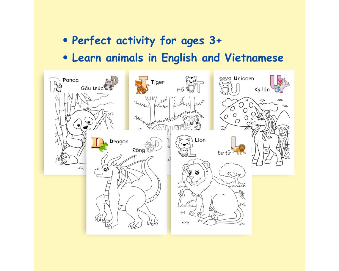 Animals Coloring Pages - Bilingual English and Vietnamese - Etsy