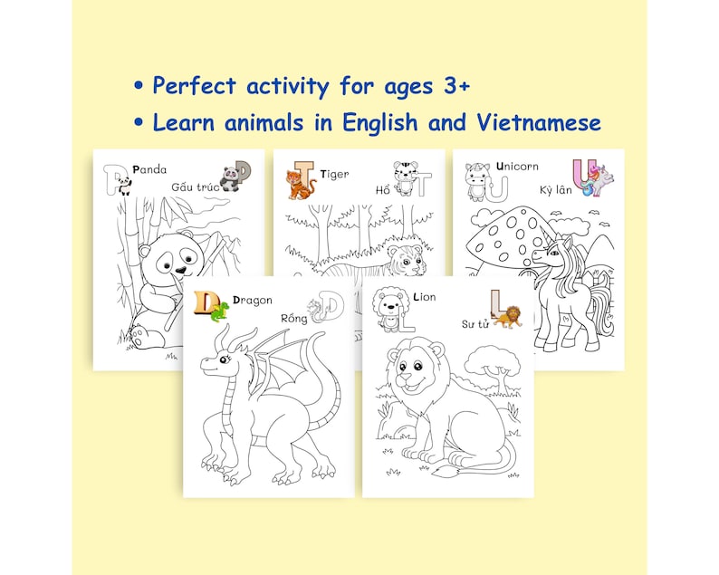 Animals Coloring Pages - Bilingual English and Vietnamese - Etsy