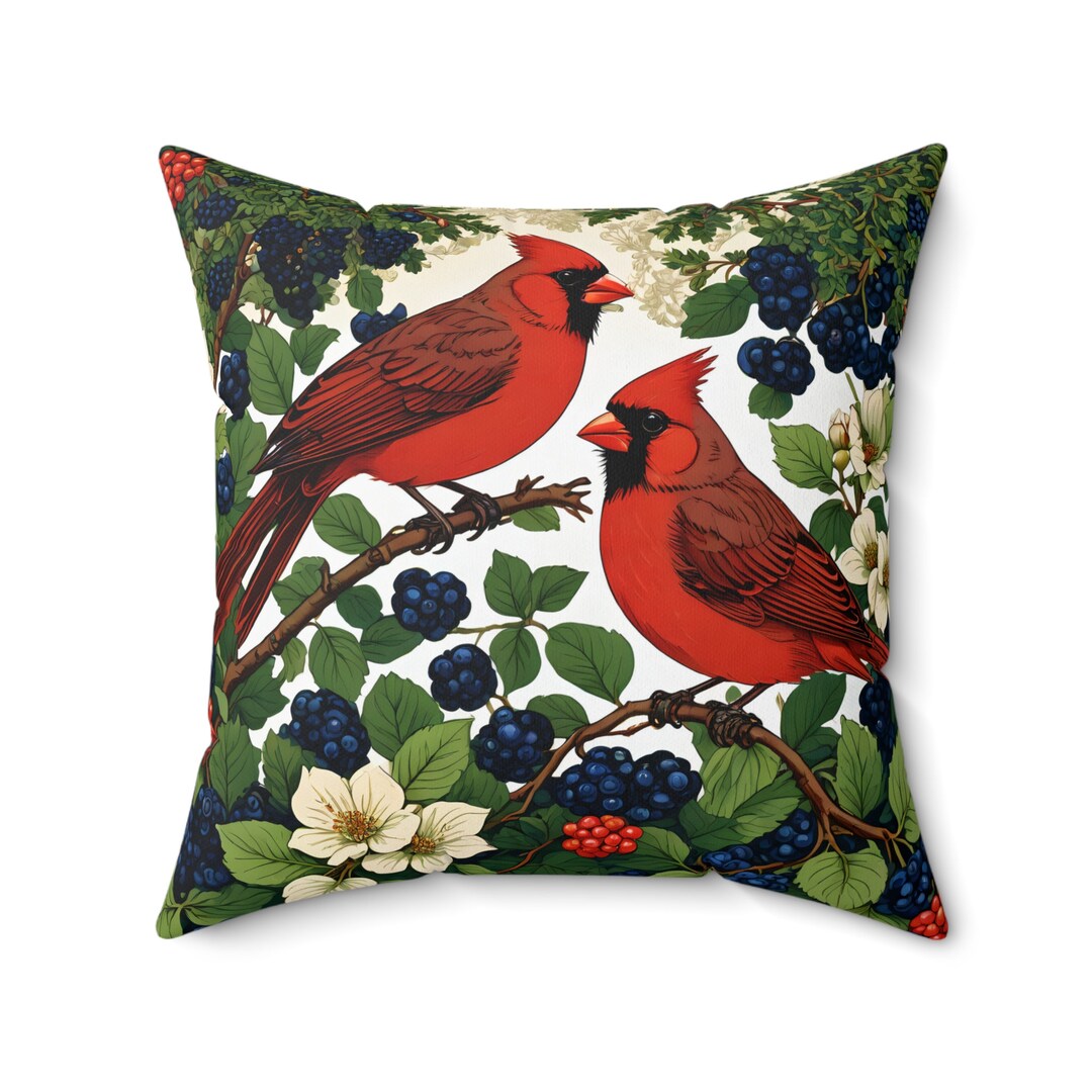 Flower Pillow, William Morris Inspired Red Cardinals in Blueberry Patch ...