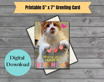 Happy Birthday Cat Printable Greeting Card Cat Birthday Card - Etsy