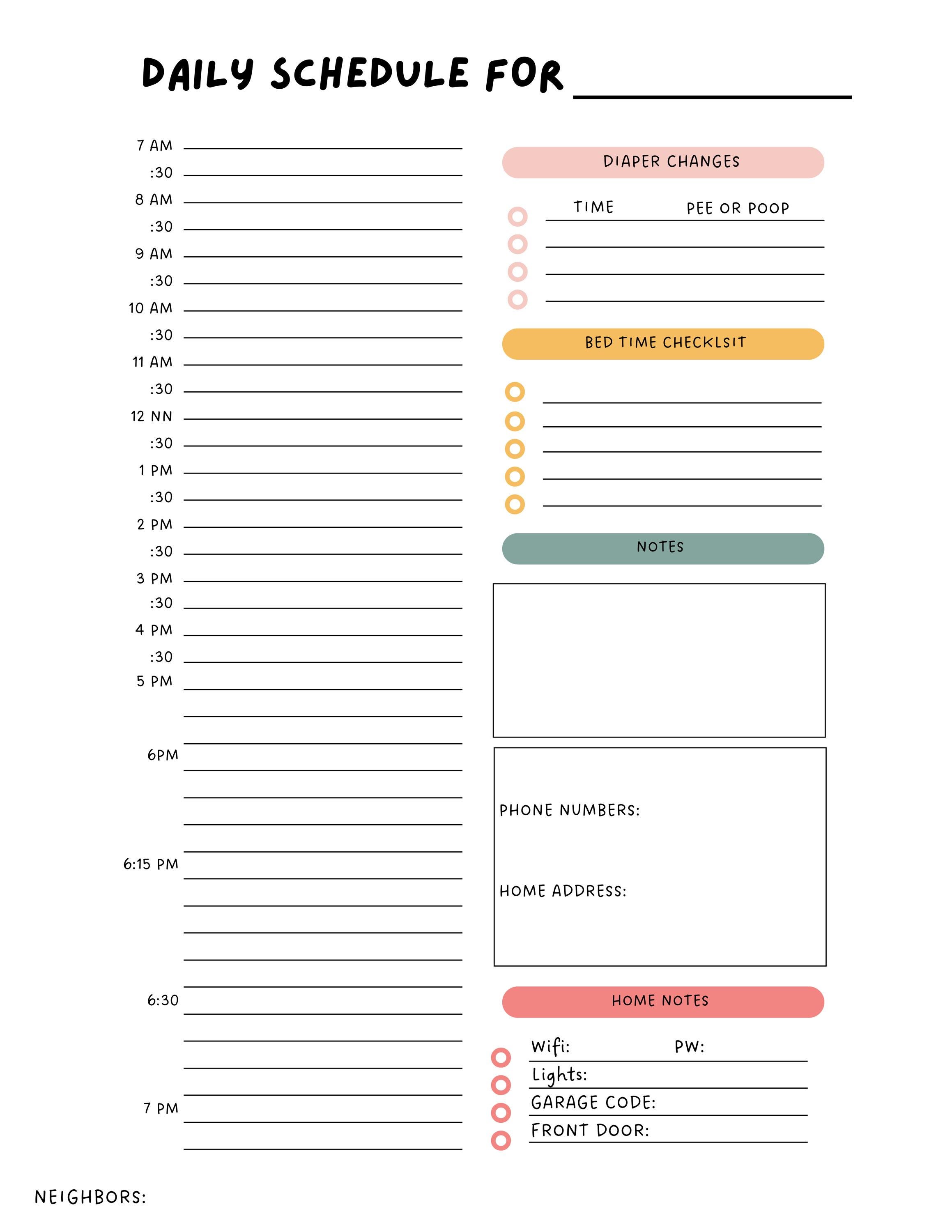 Daily Schedule for Your Babysitter, Digital Template | Child Care ...