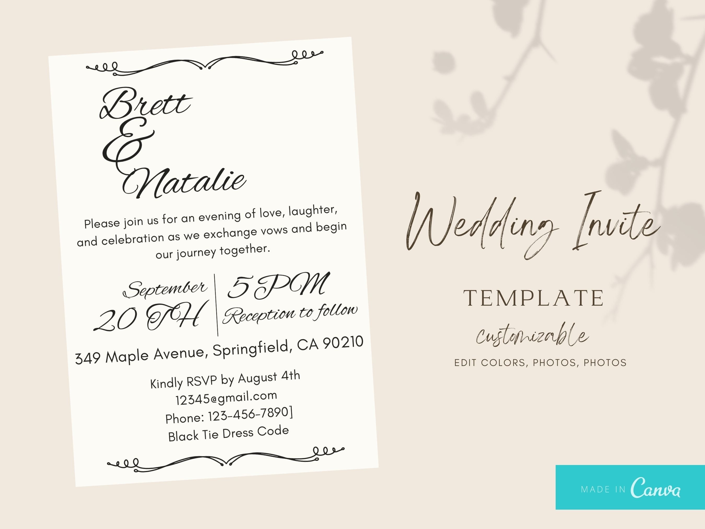 Simple Wedding Invitation, Cream Customizable Wedding Invite, Editable ...