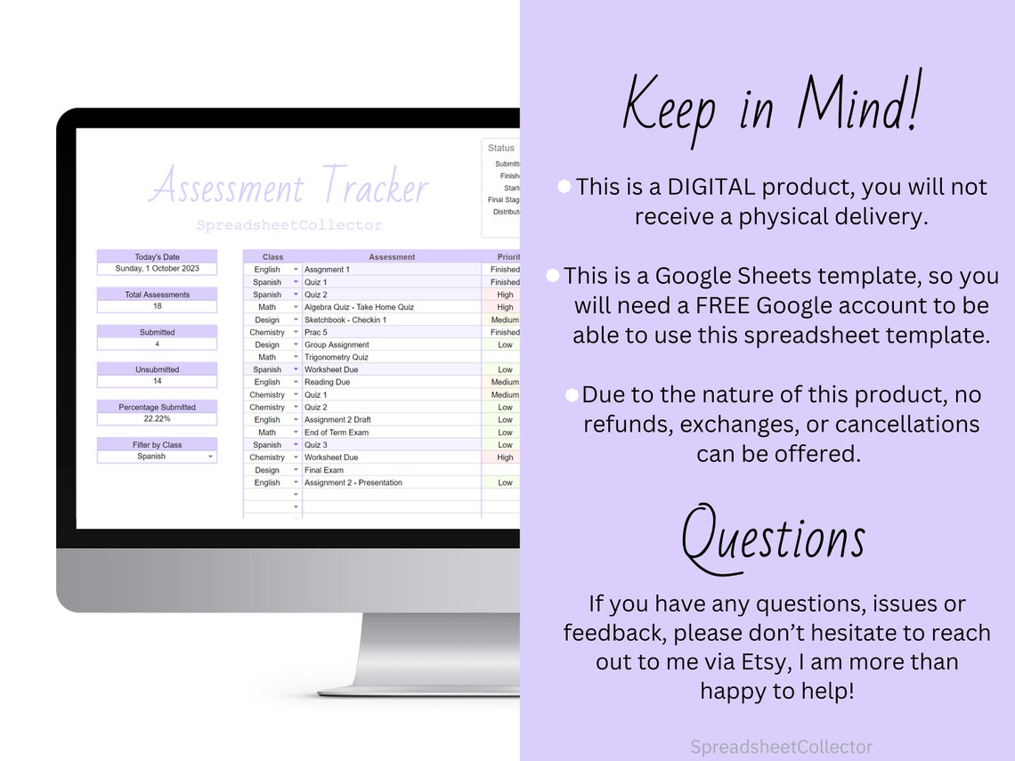 Digital Assessment Tracker Google Sheets Lavender Assignment - Etsy Australia