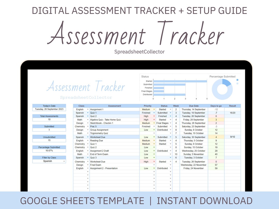 Digital Assessment Tracker Google Sheets, Blue, Assignment Tracker ...