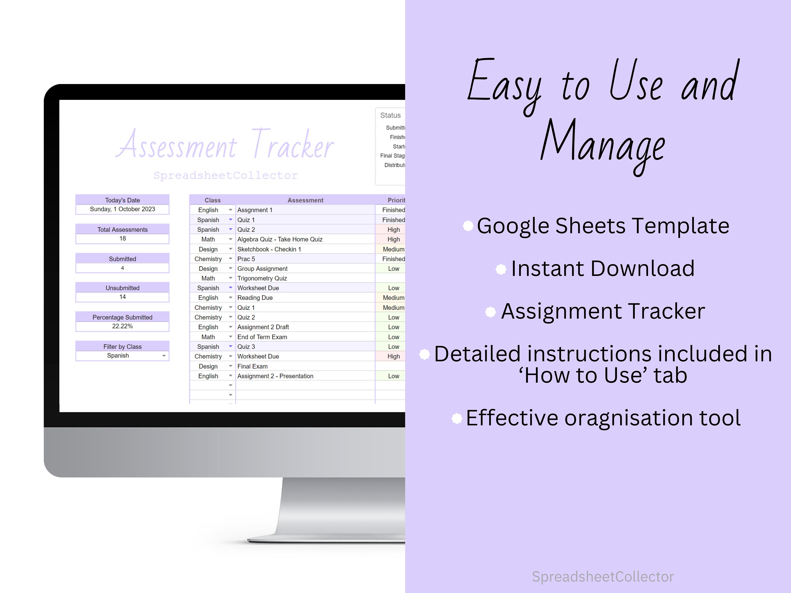 Digital Assessment Tracker Google Sheets Lavender Assignment - Etsy ...