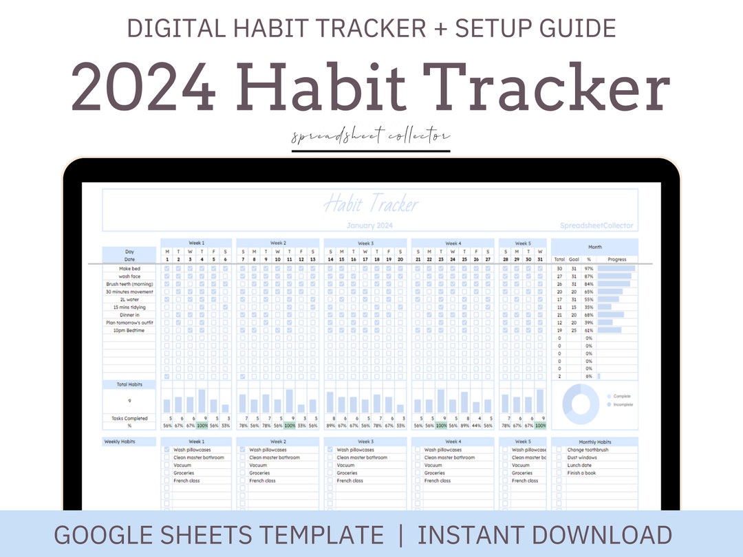 Digital 2024 Habit Tracker Spreadsheet Blue Daily Weekly and - Etsy ...