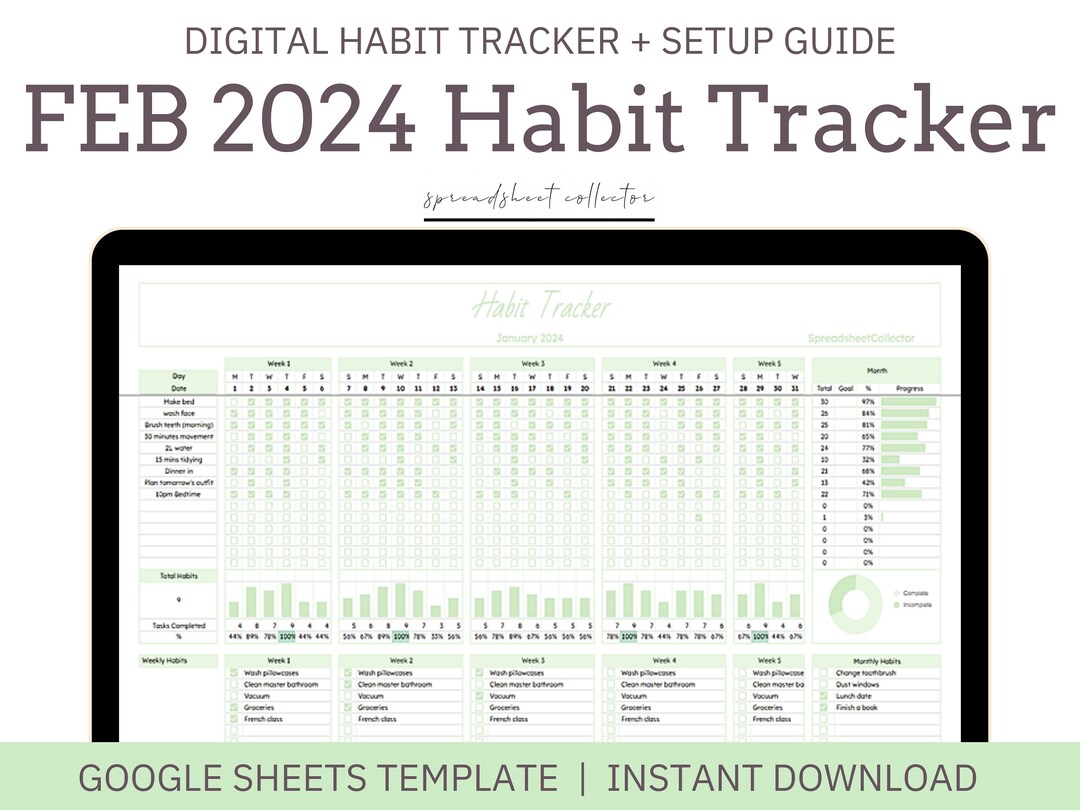 February 2024 Digital Habit Tracker Spreadsheet, Green, Daily Weekly ...