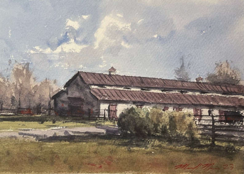 Original Autumn Barn Scene in Watercolor by Maxwell Moran 12x9 Inches ...