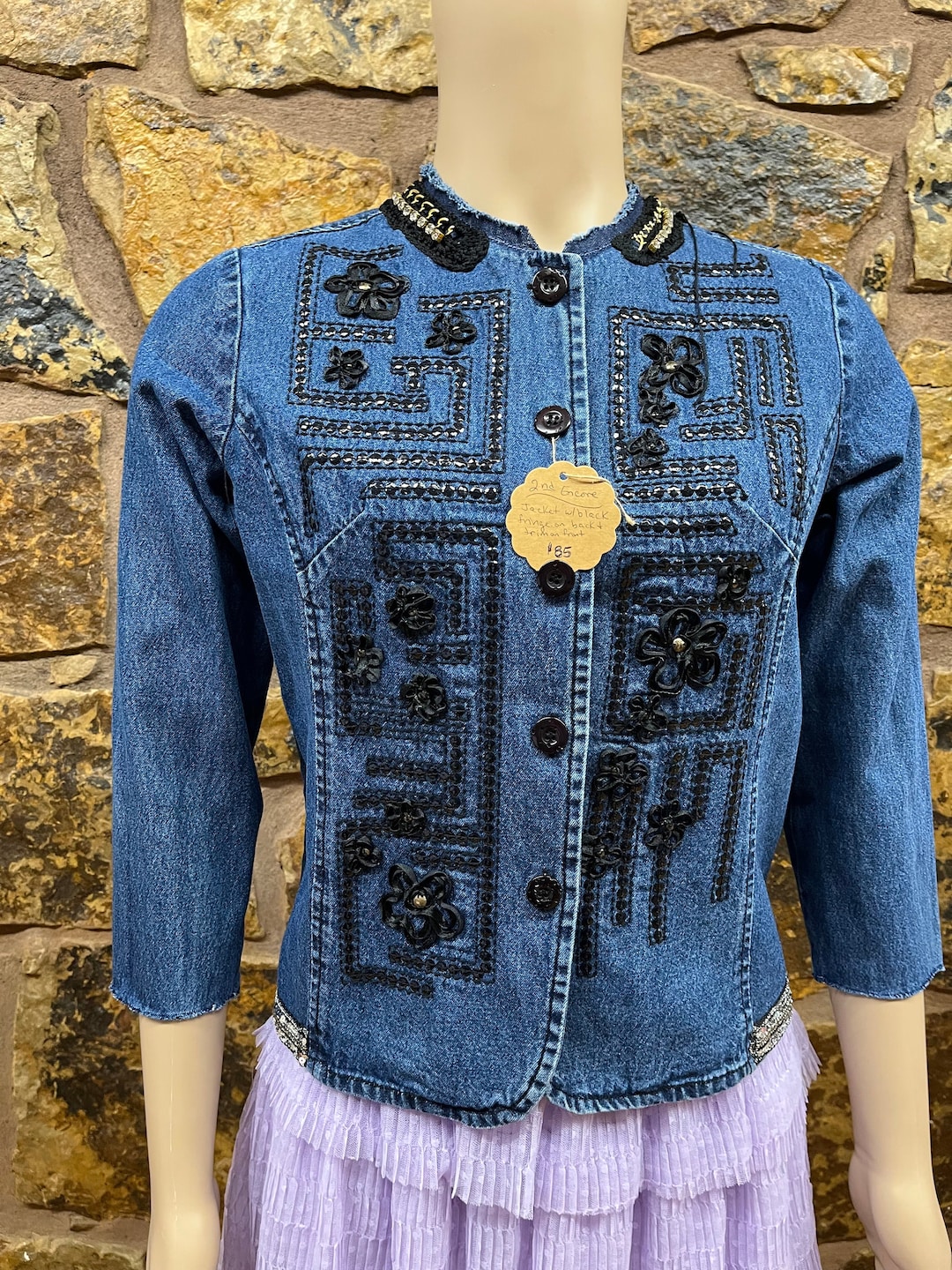 Denim Collarless Jacket With Black Trim and Fringe - Etsy