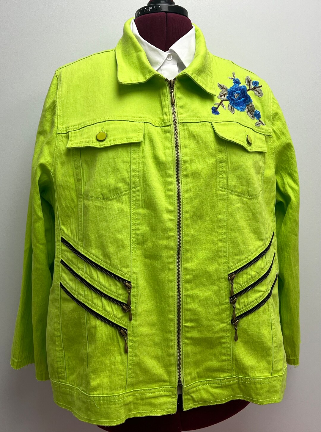 Neon Green Denim Jacket With Zippers and Peacock Patch - Etsy