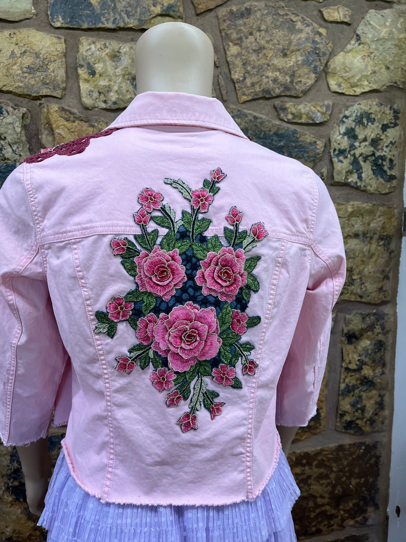 Pink Denim Jacket With Floral Patches - Etsy