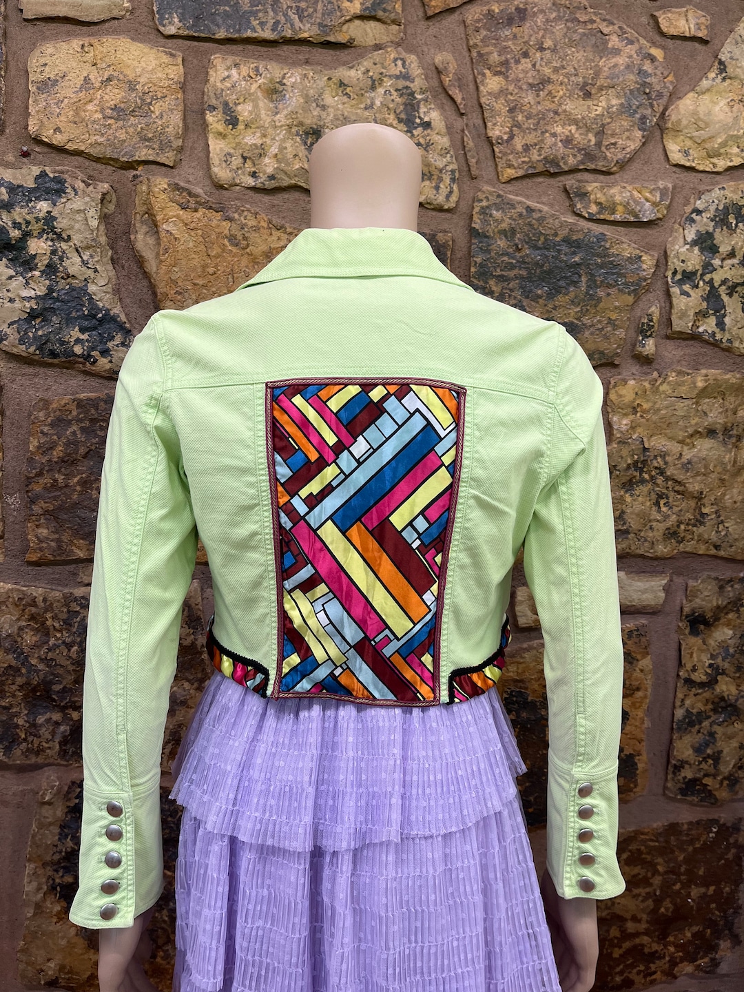 Green Cropped Denim Jacket With Primary Color Block Trim - Etsy