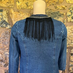 Denim Collarless Jacket With Black Trim and Fringe - Etsy