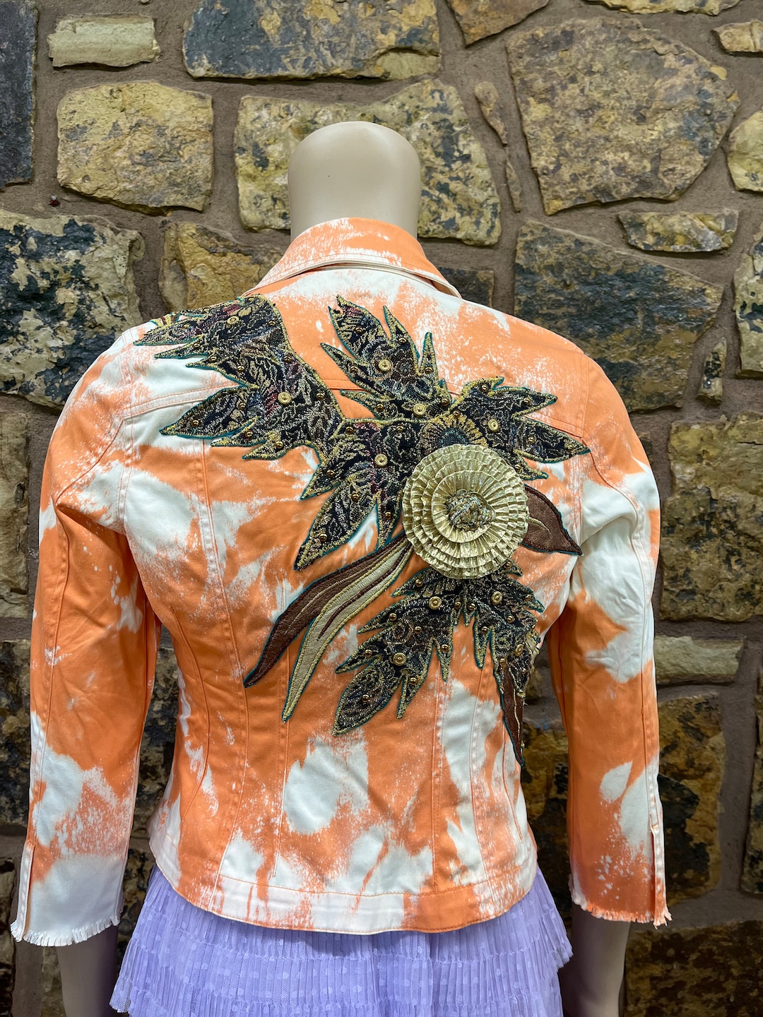 Orange Denim Jacket With Floral Patches - Etsy