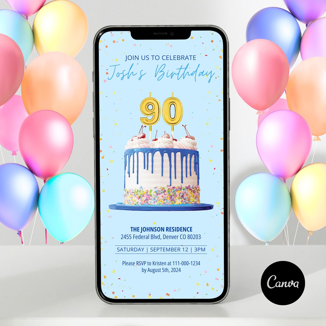 Digital 90th Birthday Invitation, 90th Text Message Invite, Digital ...