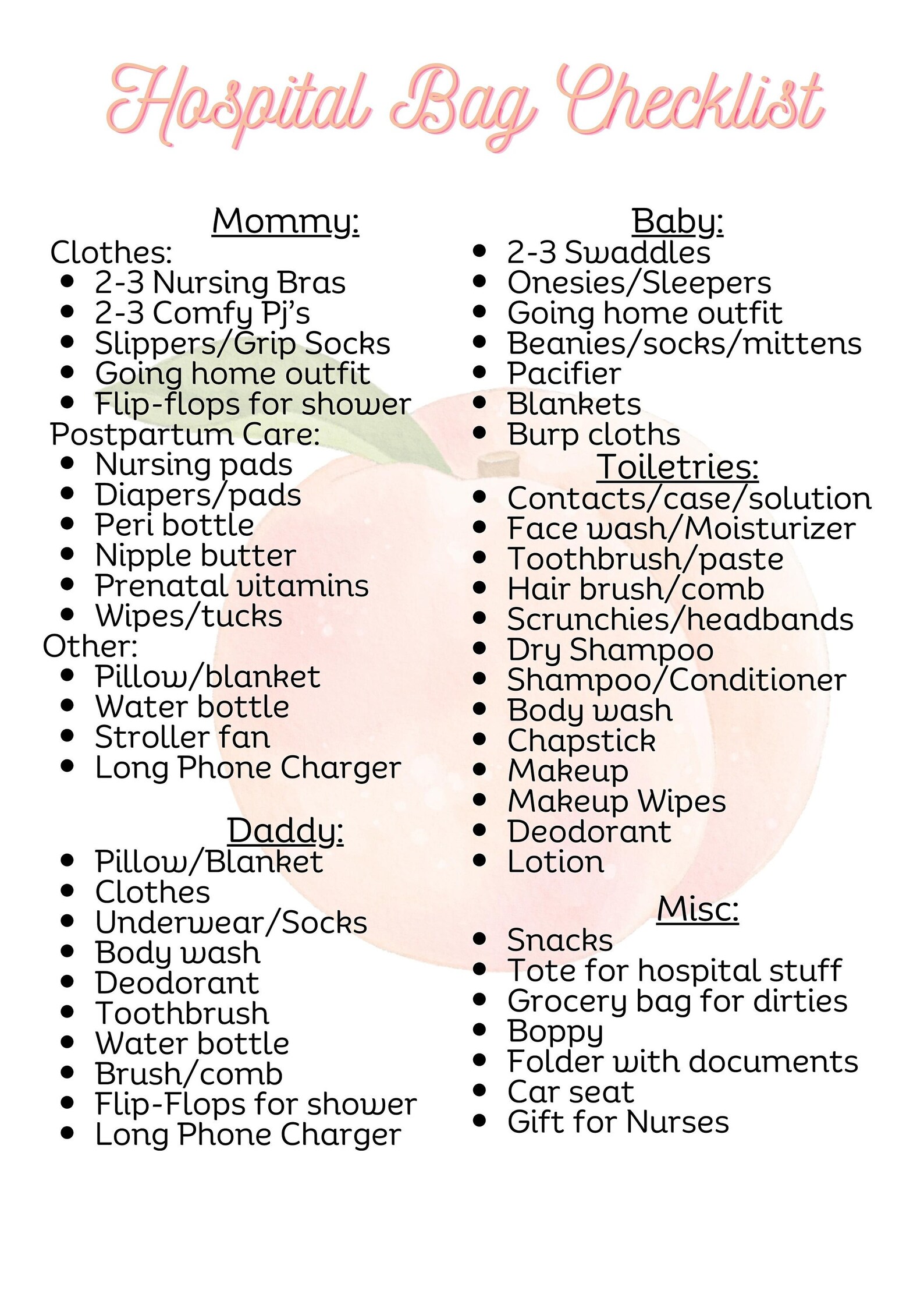 Hospital Bag Checklist (just Peachy Theme) - Etsy