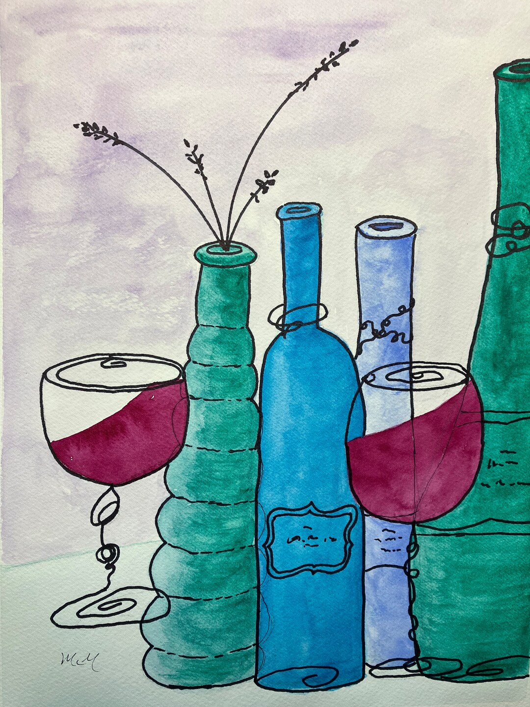 Bar Watercolor Art, Wine Theme Painting, Colorful Bottle Original Art ...