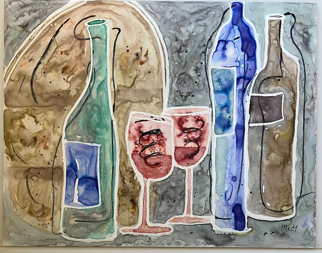 Wine Theme Art, Wine Bottle Painting, Semi Abstract Original Art, Semi ...