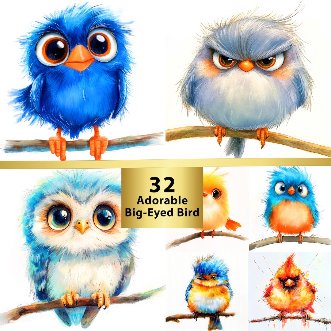 Adorable Big-eyed Bird Watercolor Clipart, Digital Download for ...