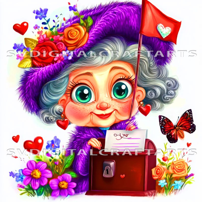Old Lady & Valentine's Day Clipart 72JPG Grandma in Love Valentine's ...