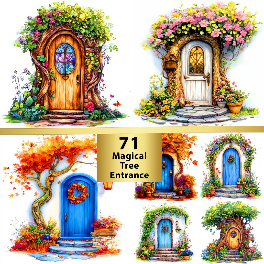 Magical Tree Entrance Clipart Bundle 71 Watercolor JPEG, Fairy Tale ...