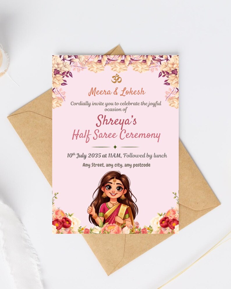 Pastel and Floral Half Saree Digital Invitation Editable on Canva - Etsy