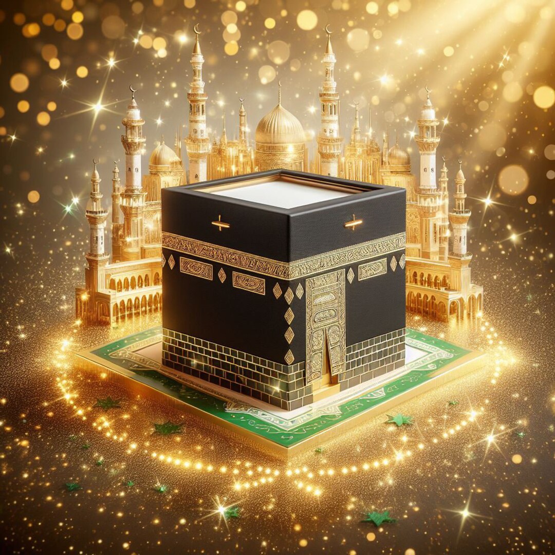 3D Beautiful Kabaa on Sparkling Lights and Stars Background. Green ...