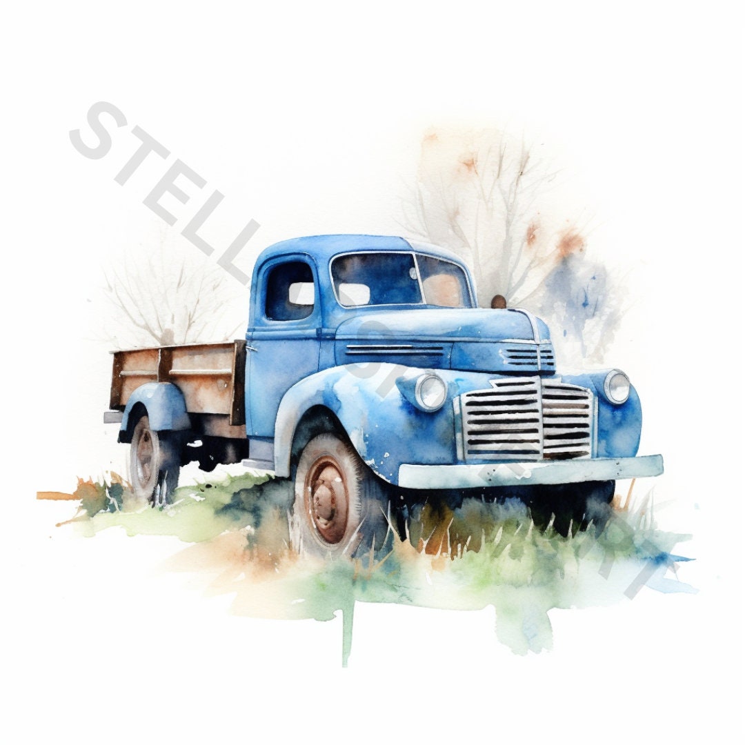 Watercolor Old Blue Farm Truck Clipart - 8 High Quality Pngs - Digital ...