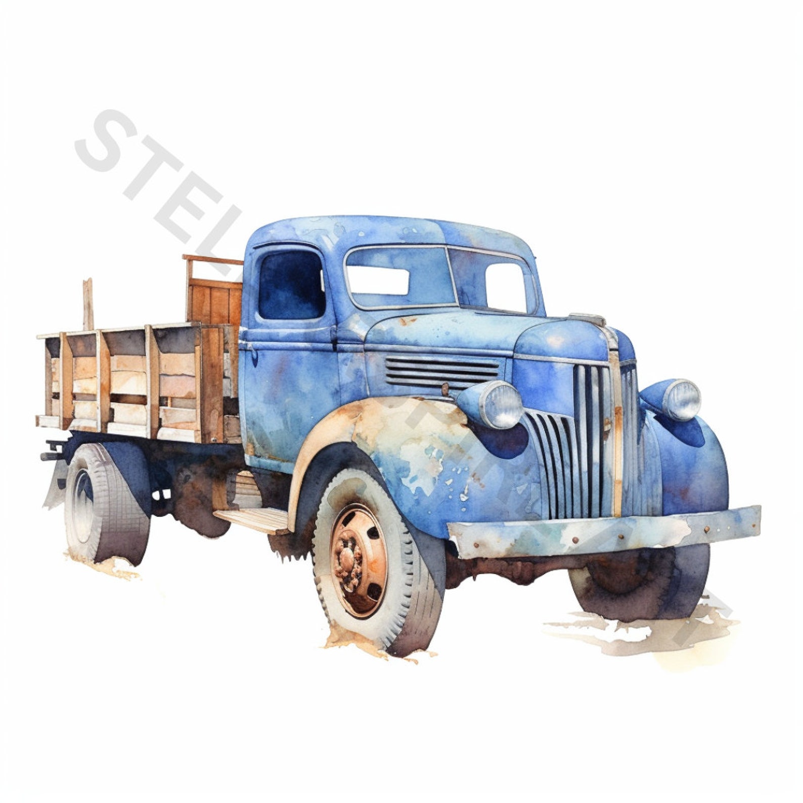 Watercolor Old Blue Farm Truck Clipart - 8 High Quality Pngs - Digital ...