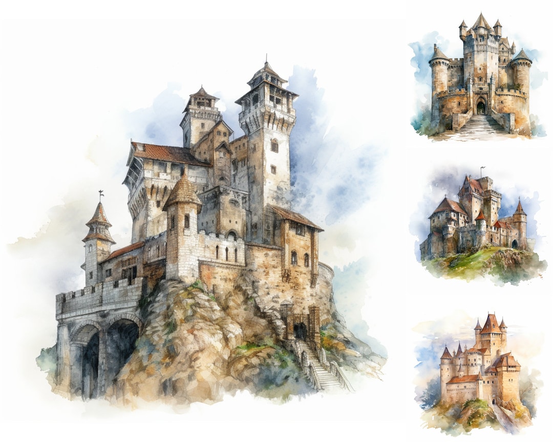 Watercolor Medieval Castle Clipart - 8 High Quality Pngs - Digital ...