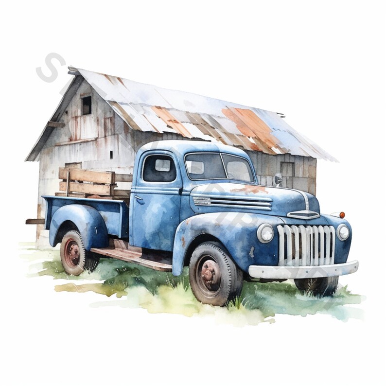 Watercolor Old Blue Farm Truck Clipart - 8 High Quality Pngs - Digital ...