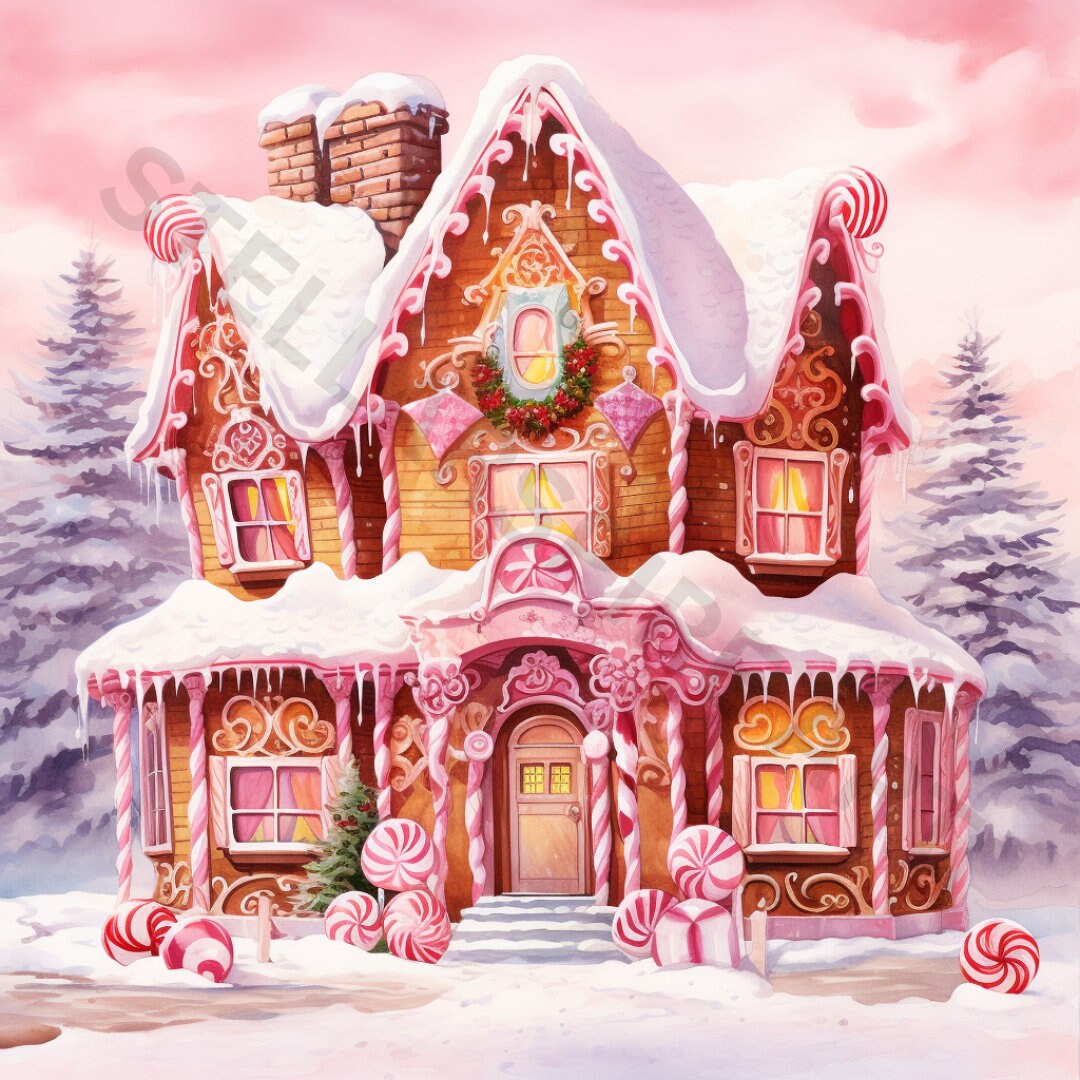 Watercolor Pink Christmas Gingerbread House Clipart - 8 High Quality ...