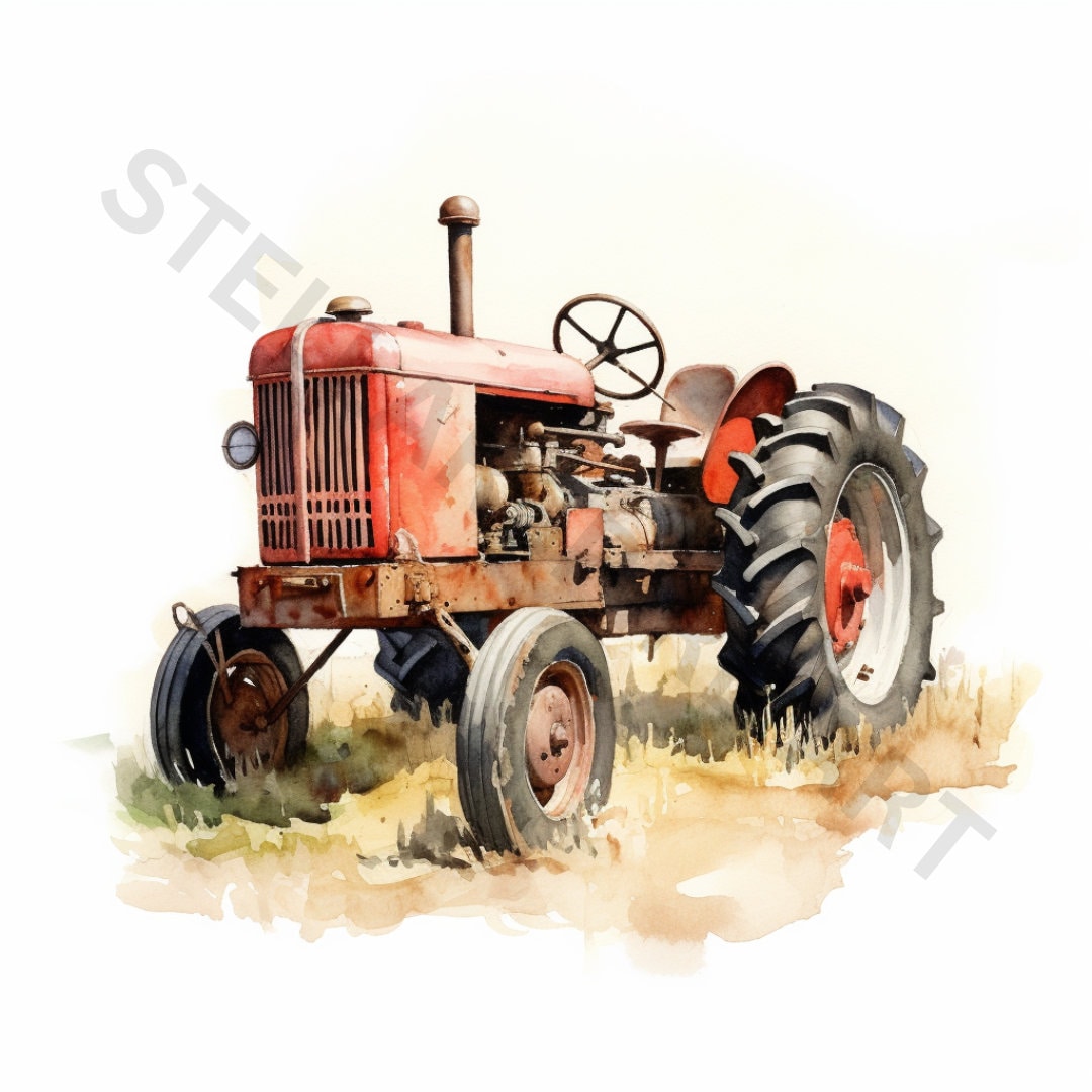 Watercolor Old Farm Tractor Clipart - 8 High Quality Pngs - Digital ...